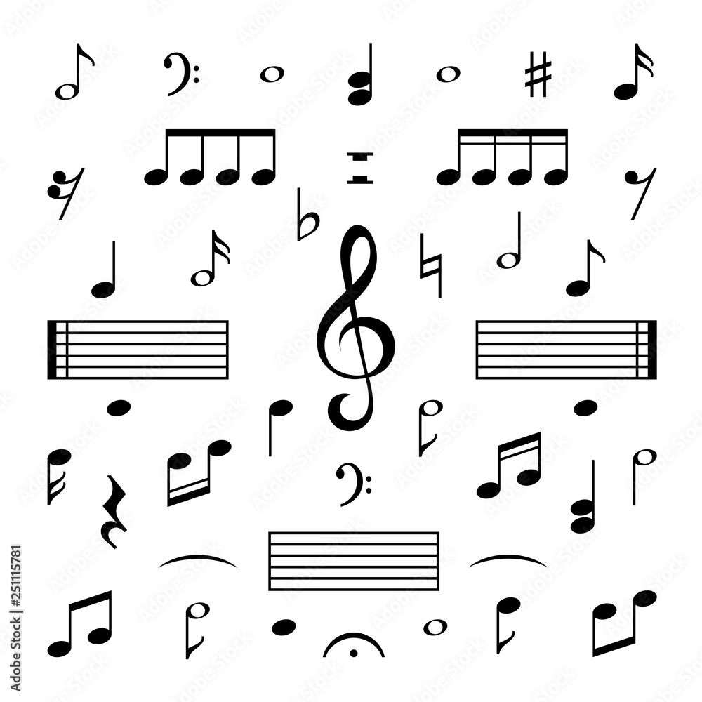 Music notes set. Musical note treble clef silhouette signs vector ...