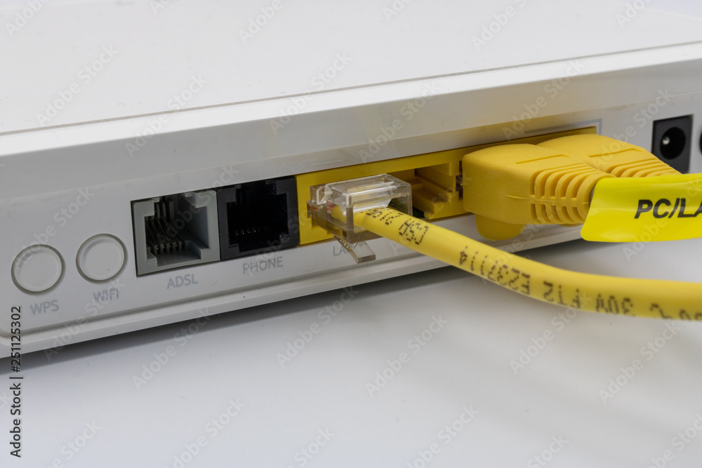 Concept of internet connection through switch, router, adsl, modem, hub ...