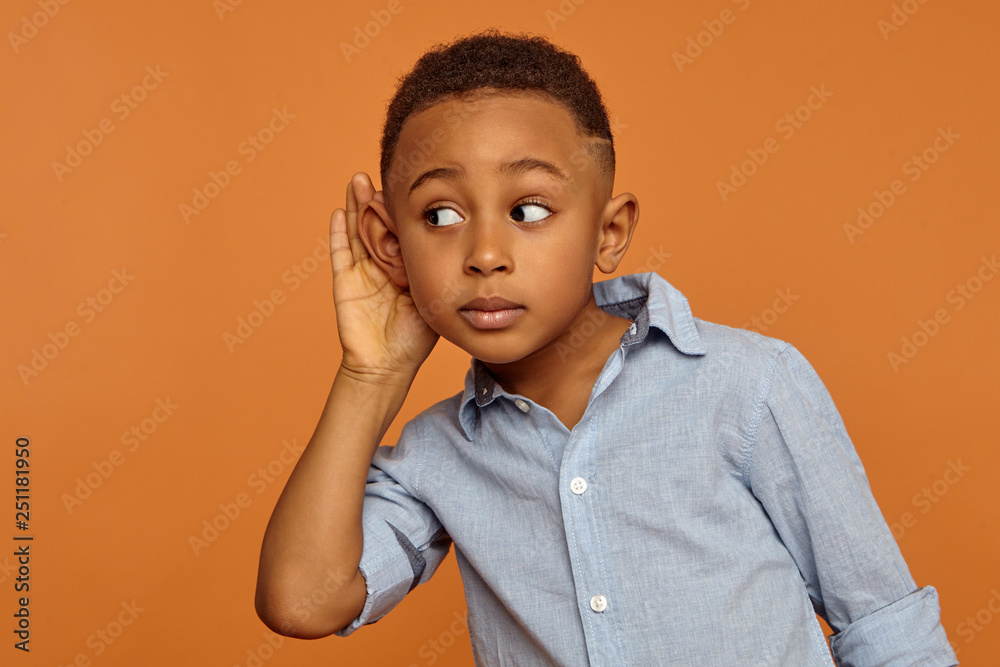 Secrecy and confidential information concept. Portrait of funny curious ...