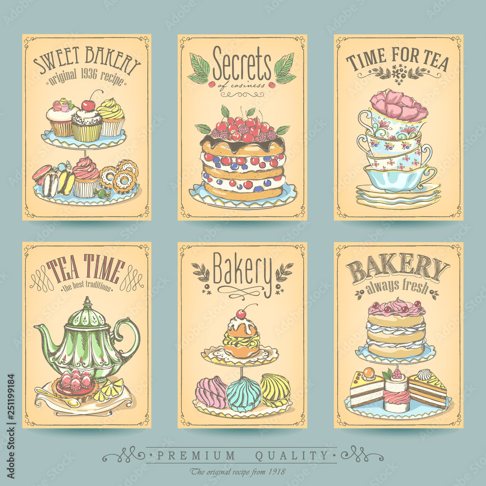Card collection of hand-drawn cakes. Vintage posters of bakery sweet ...