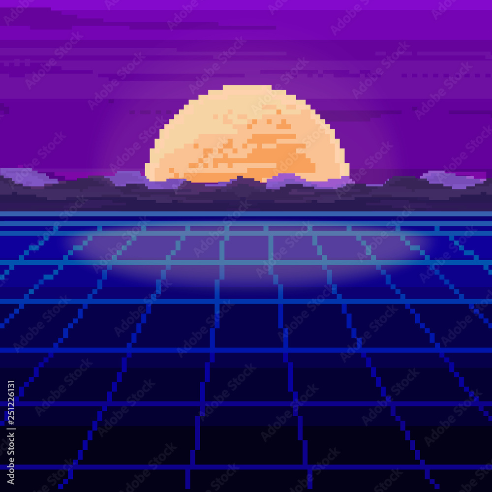 Vector of pixel city. Pixel art background. 80s Retro Sci-Fi Background ...