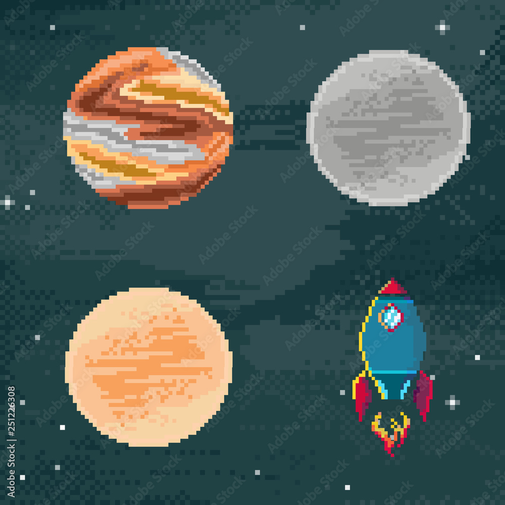 Pixel art icons. Planet, spaceship. Retro game design interface. Pixel art background. 8 bit ...