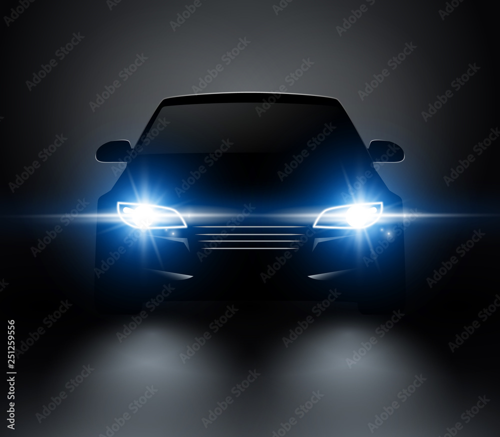 Car lights realistic front silhouette view. Automobile vector car headlights in darkness Stock Photo Adobe Stock