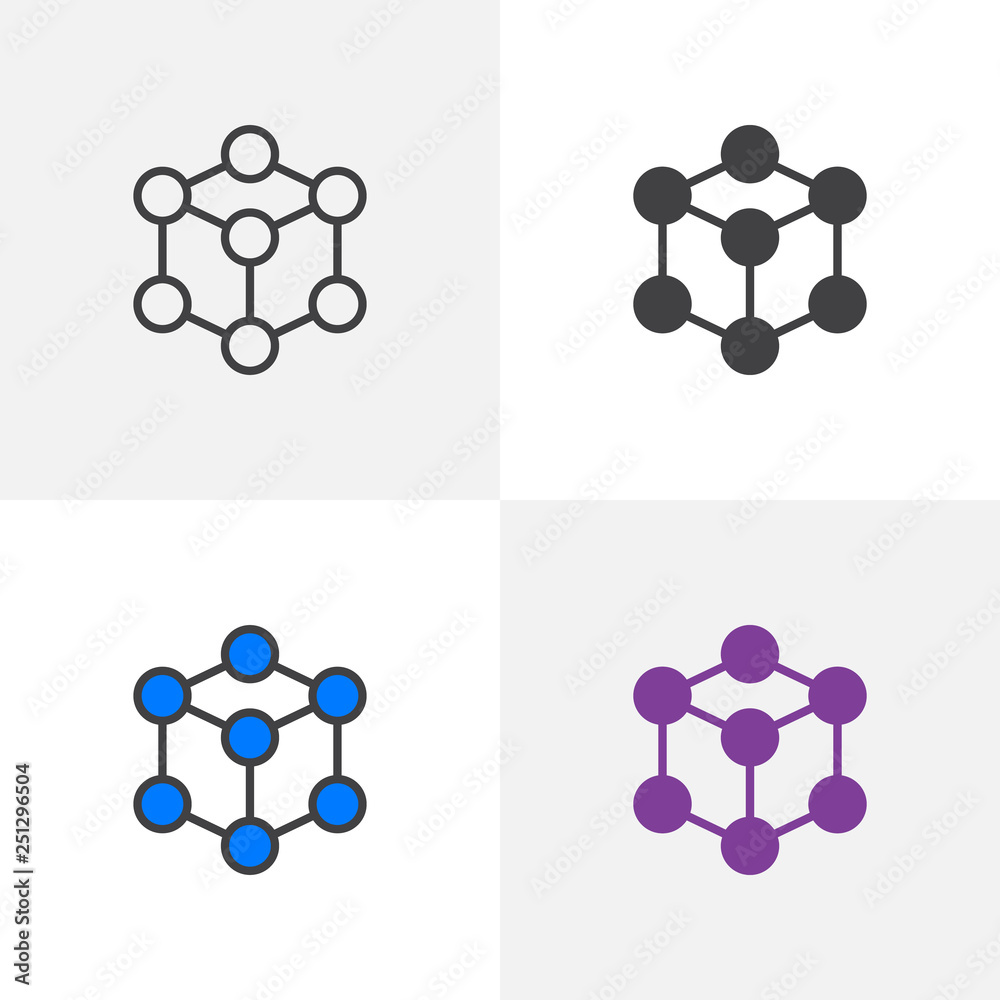 Molecule cube structure icon. Line, glyph and filled outline colorful ...