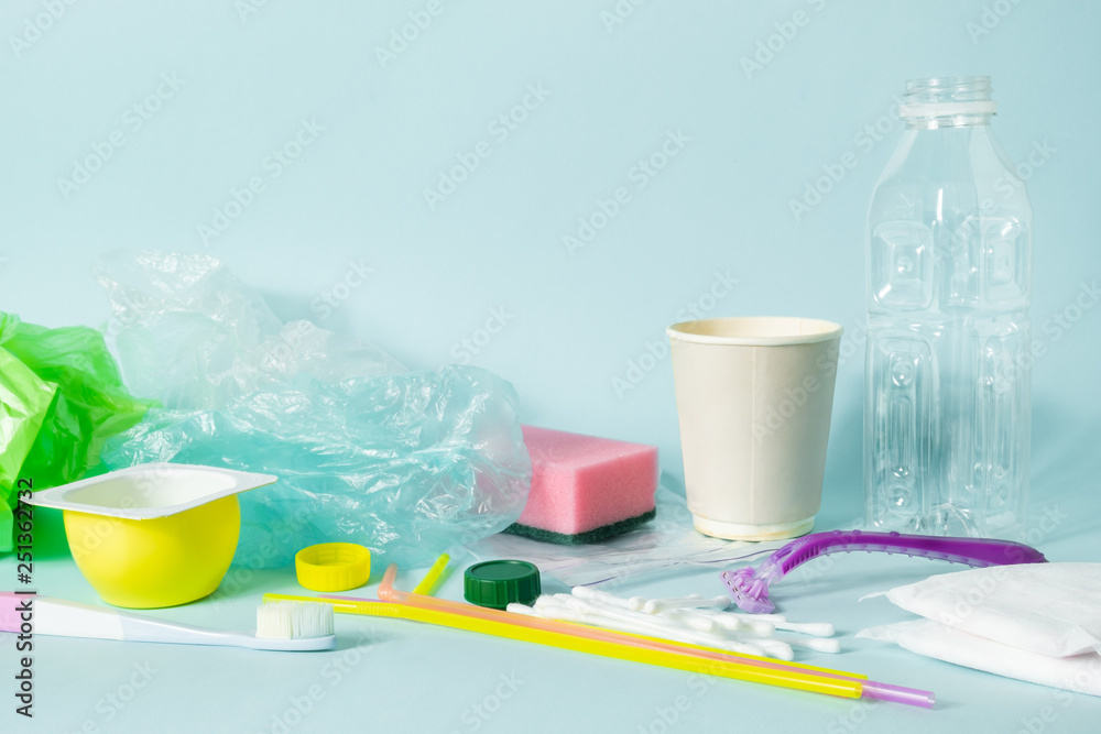 Plastic waste concept: variety of single use objects that get thrown ...