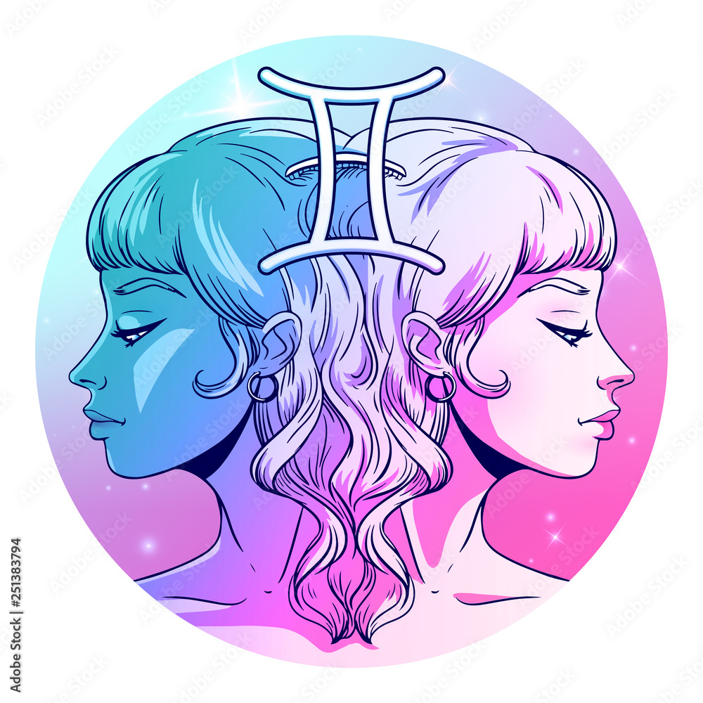 Gemini zodiac sign artwork, beautiful girl face, horoscope symbol, star ...