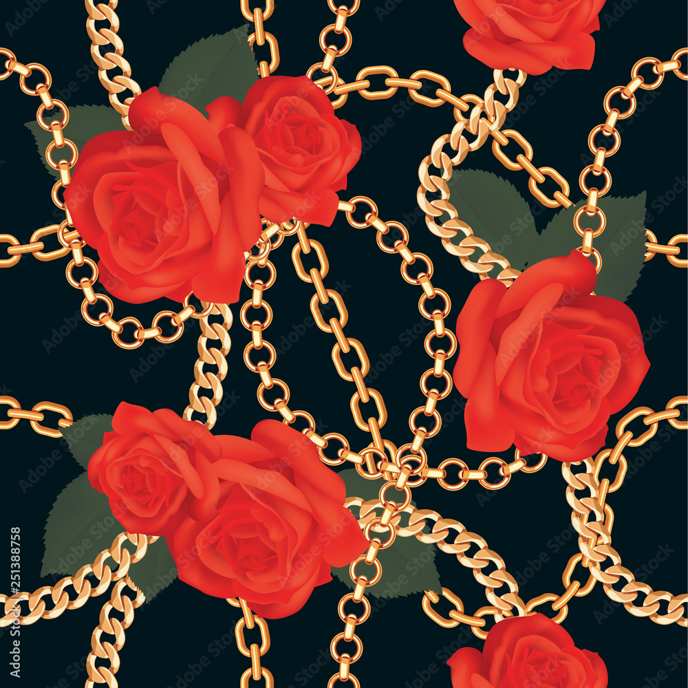 Seamless pattern background with golden chains and red roses. On black ...