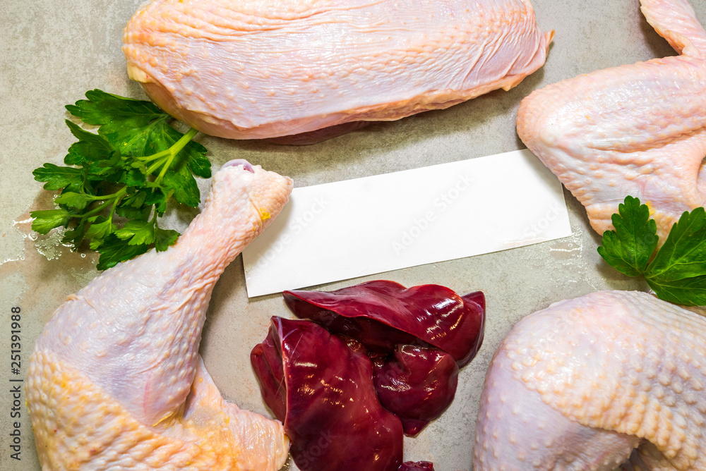 Foto de Stock Parts of organic chicken (leg, breast, wing, claw and ...
