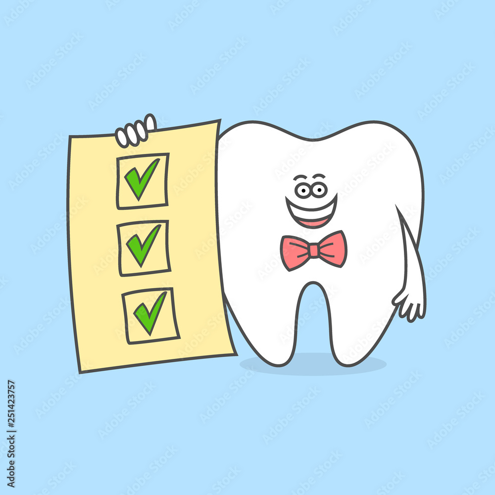 Cartoon tooth with completed to do list. Three green check marks on a ...