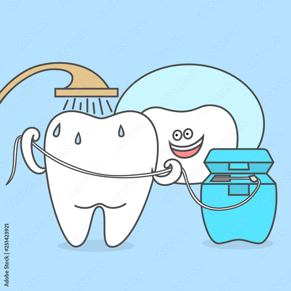 Cartoon tooth is taking a shower with dental floss, looking in the ...