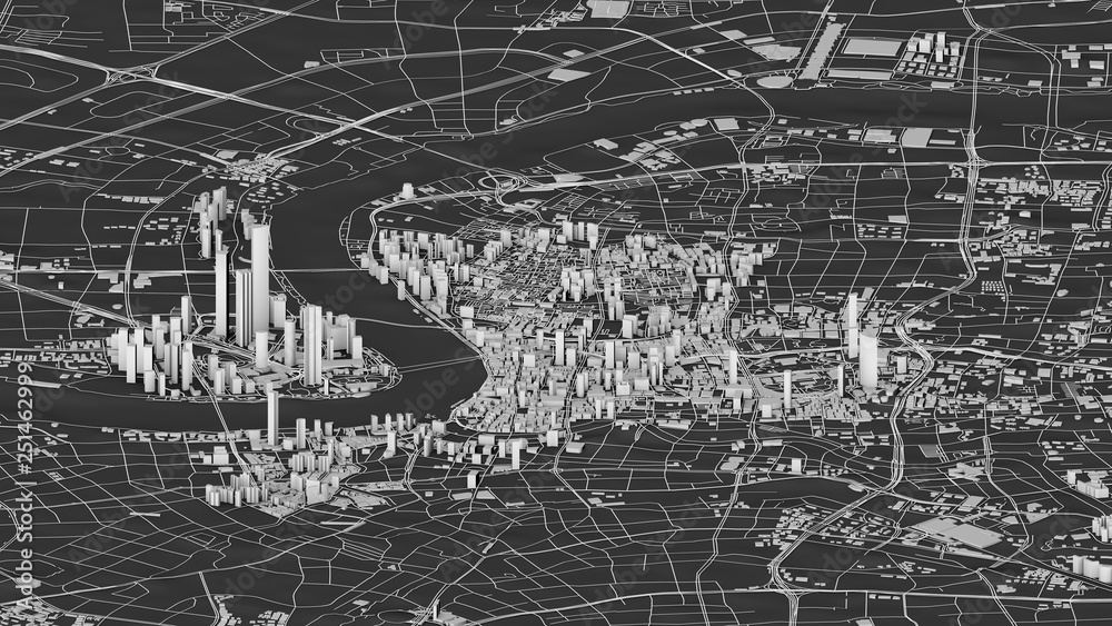 Satellite view of Shanghai, map of the city with house and building ...
