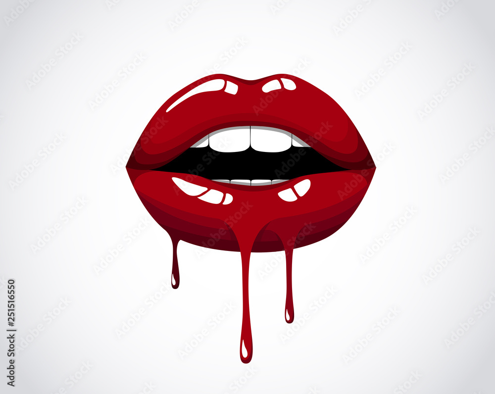 Red dripping girl lips. Woman bleeding sexy red mouth. Melting kiss ...