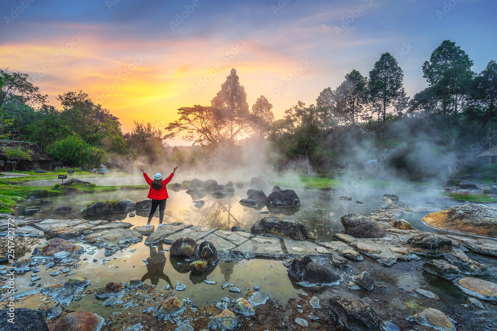 Happy woman relaxing in hot springs at Chae Son National Park, Hot ...