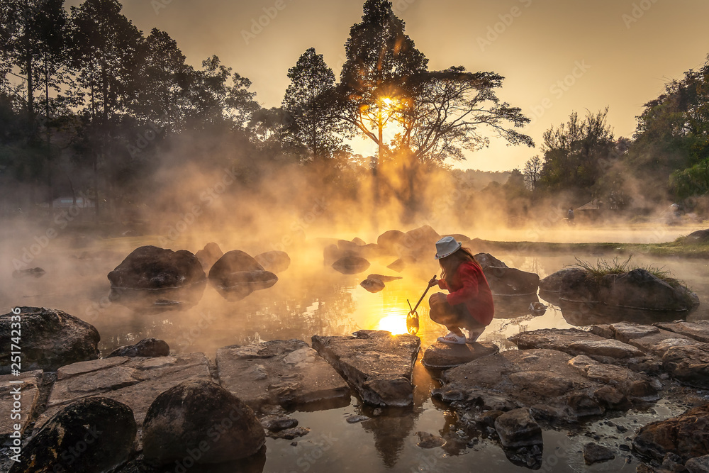 Beautiful woman relaxing in hot springs at Chae Son National Park, Hot ...
