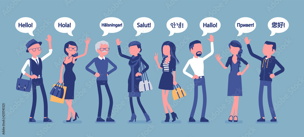 Hello greeting in languages and group of people. Friendly men and women ...