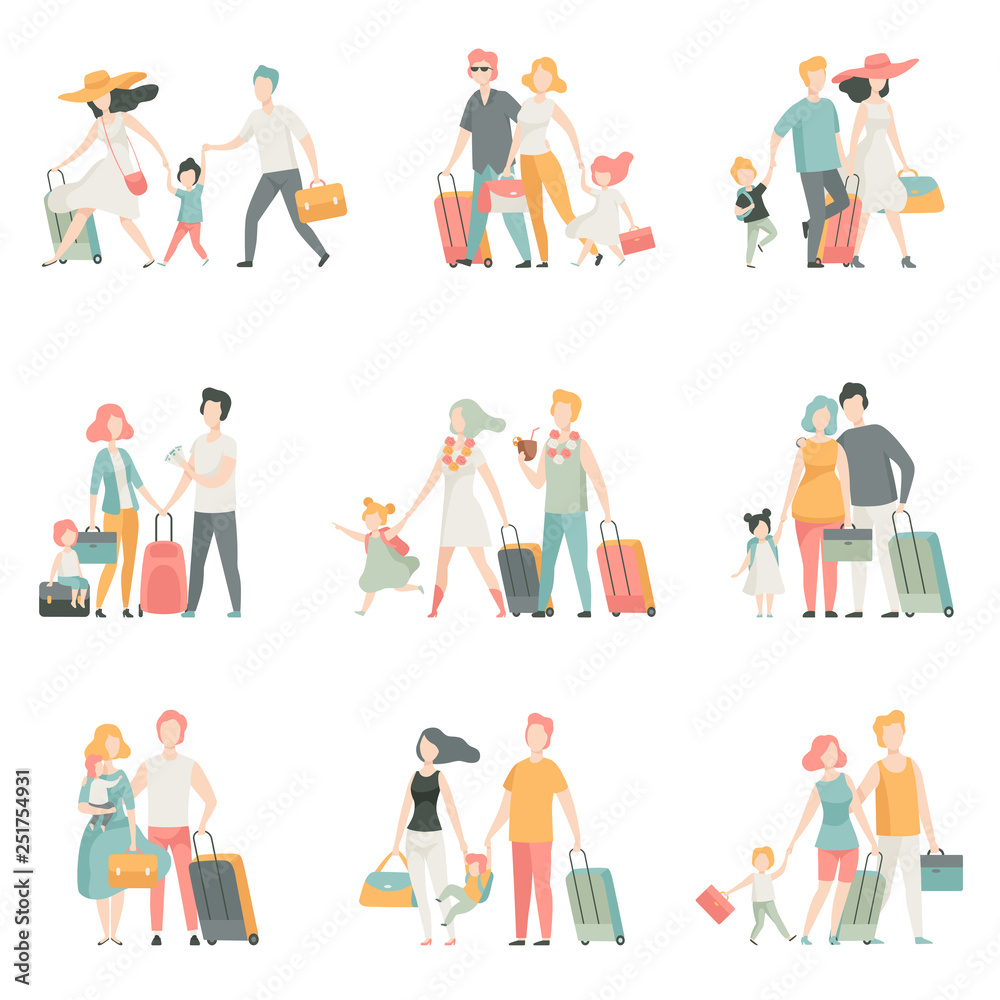 Family travel Set, Father, Mother and Kids Characters Travelling ...