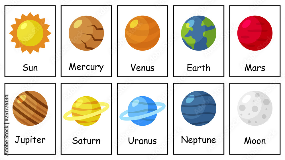 Solar system cards for learning planets. Educational game for kids. Space day. Vector ...