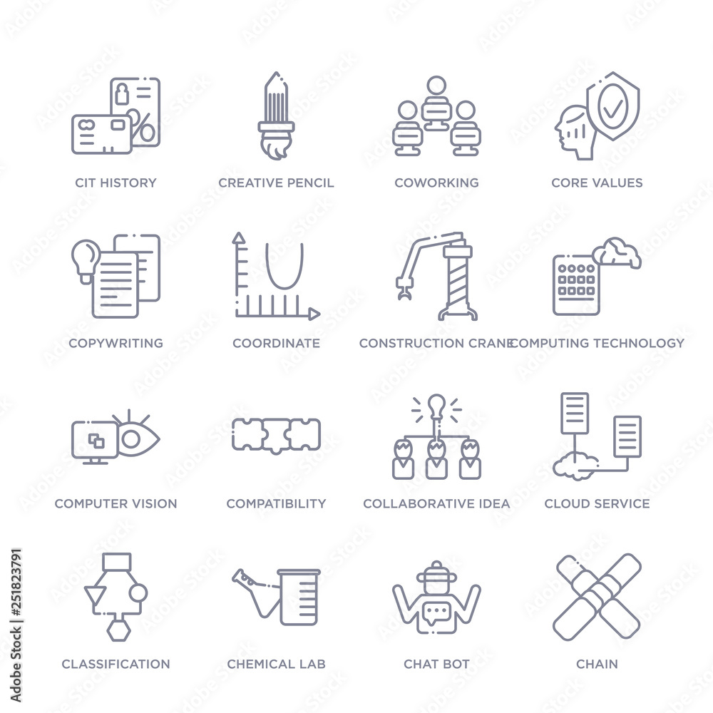 set of 16 thin linear icons such as chain, chat bot, chemical lab, classification, cloud service ...