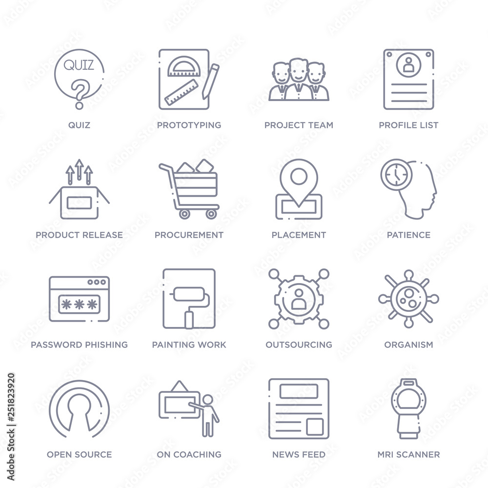 set of 16 thin linear icons such as mri scanner, news feed, on coaching, open source, organism ...