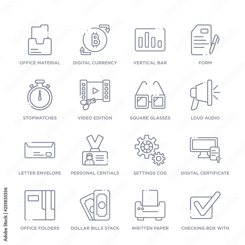 set of 16 thin linear icons such as checking box with a checkmark, written paper, dollar bills ...