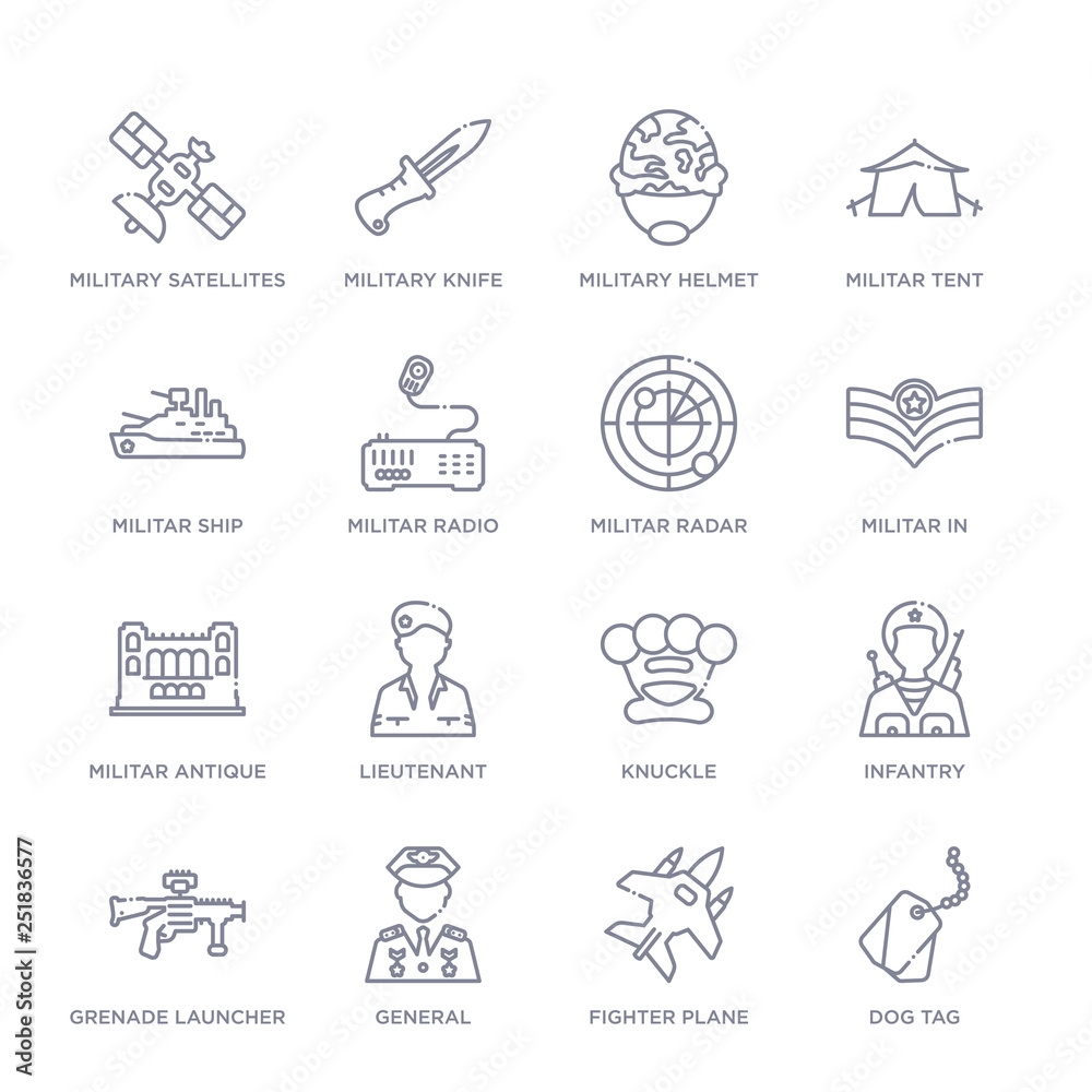 set of 16 thin linear icons such as dog tag, fighter plane, general ...
