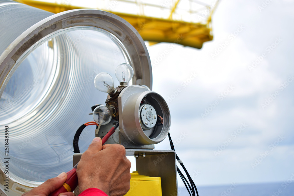 Navigation light on the oil & gas offshore wellhead platform. Stock ...