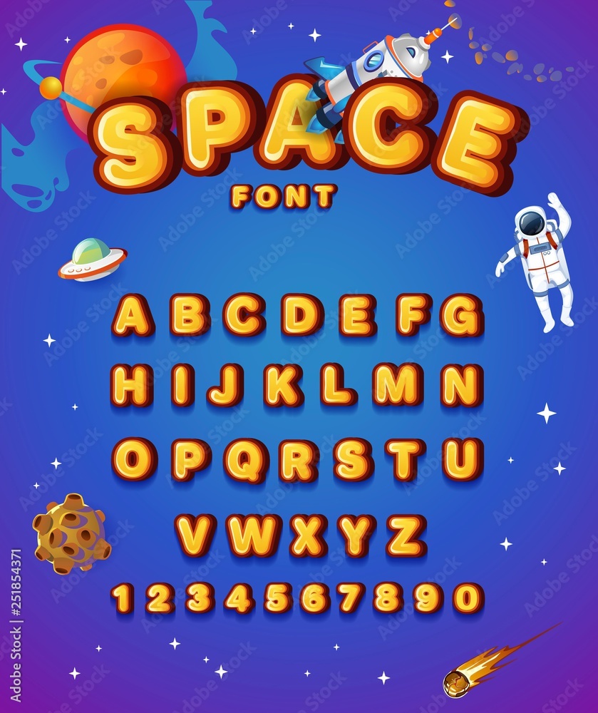 Colorful alphabet style with space elements. Space yellow font style ...