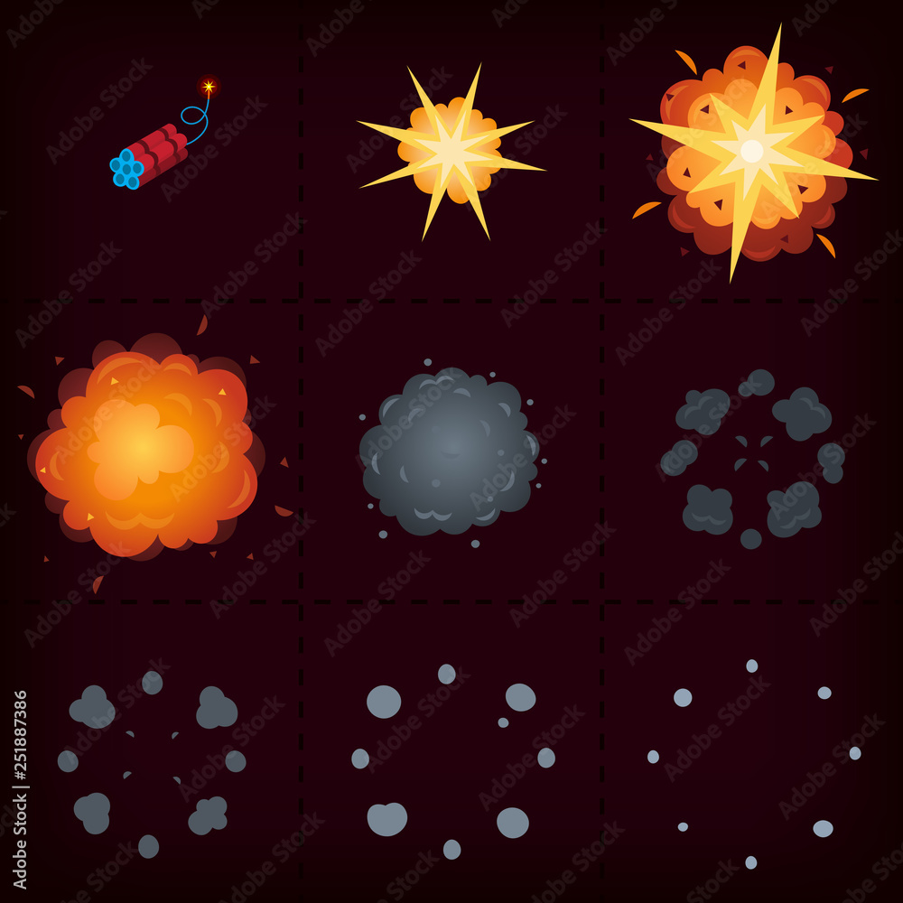 Animation of explosion. Cartoon vector sprites. Nine isolated frames ...