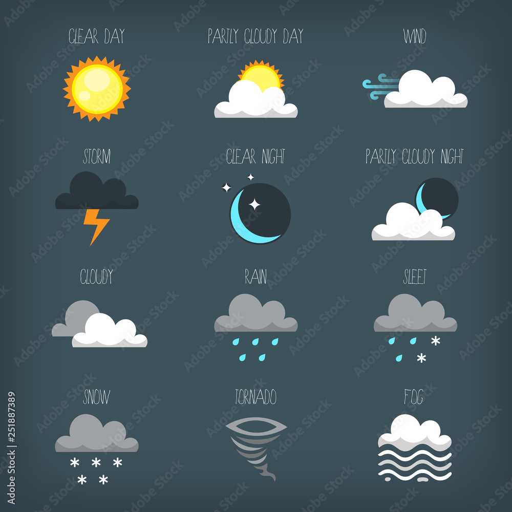 Set of vector weather forecast icons and signs. Images with different ...