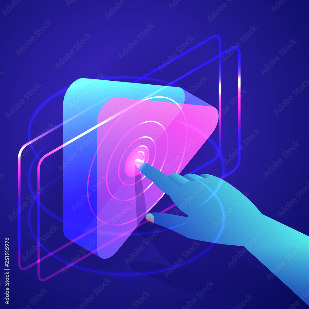 Human hand press play button. Video, music media player interface ...