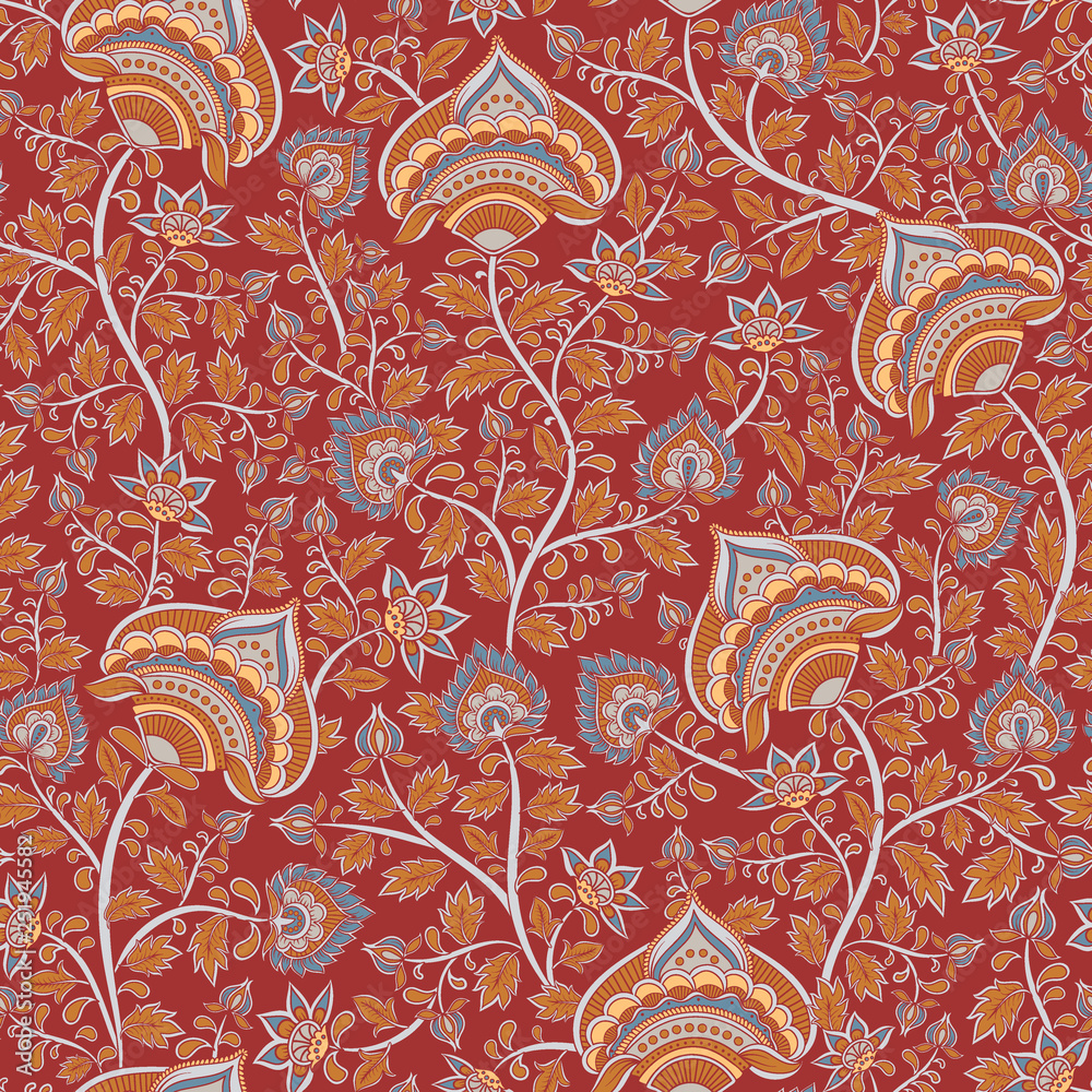 Floral pattern on dark red background. Indian style. Stock Vector ...