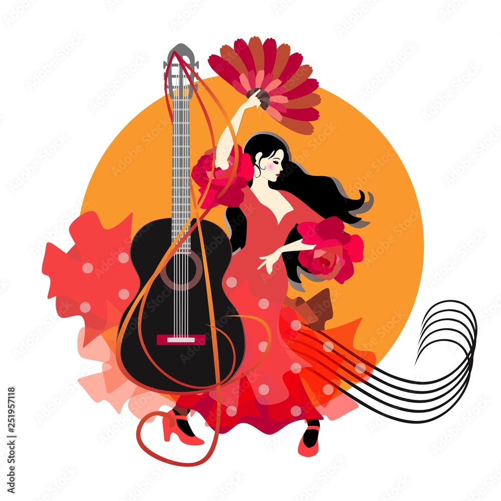 Flamenco logotype. Young spanish girl dressed in red dress, dancing ...