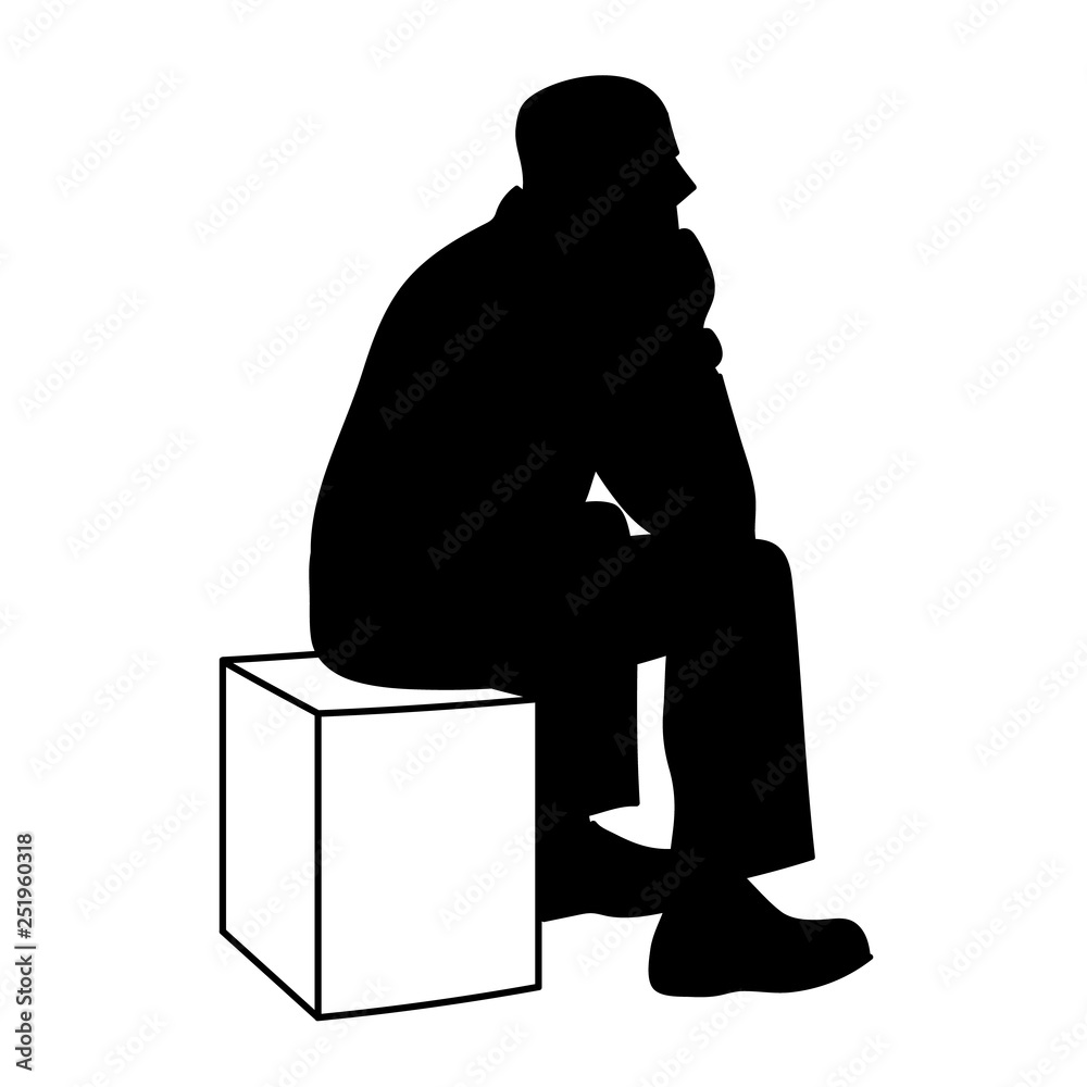 Man sitting on box. Black silhouette isolated on white background ...