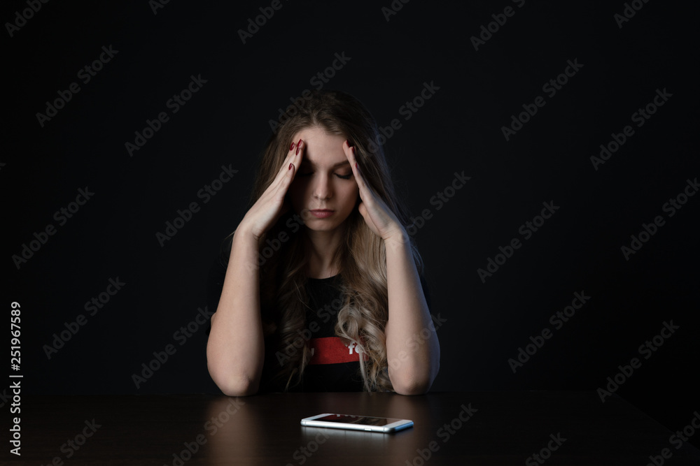 Woman with negative surprised face looking something in smartphone. Sad ...