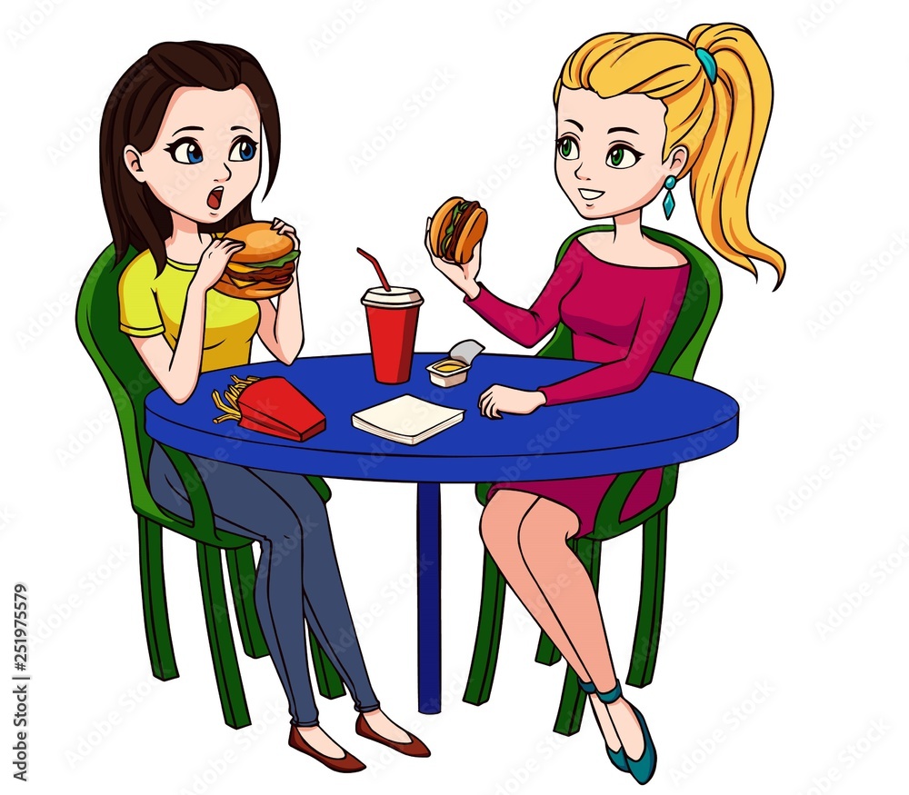 Female friends eating fast food meal in restaurant. Two people sitting ...