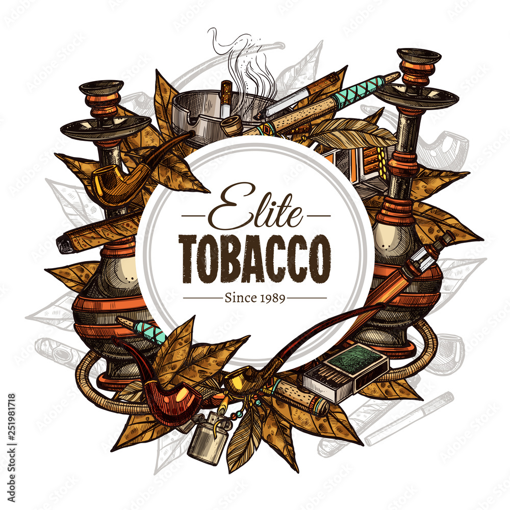 Vector round hand drawn posters with tobacco and smoking collection ...