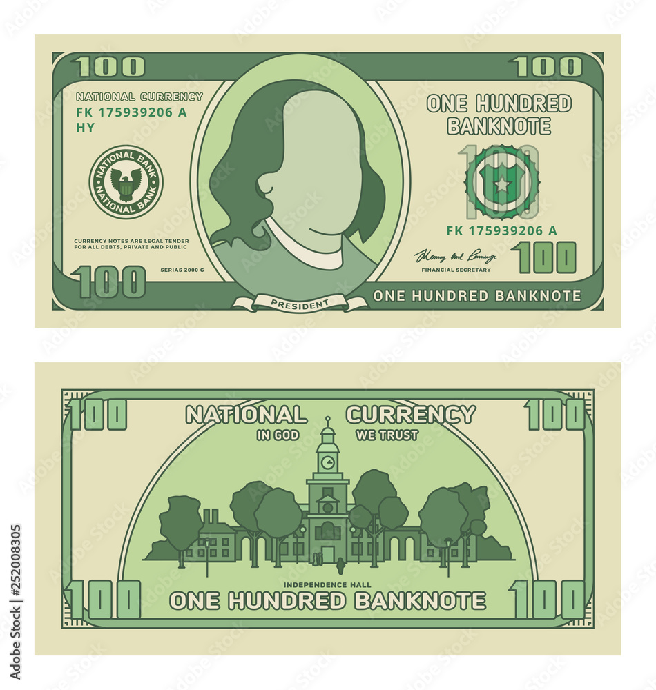Cartoon 100 currency US dollar banknote. Backside of one hundred ...