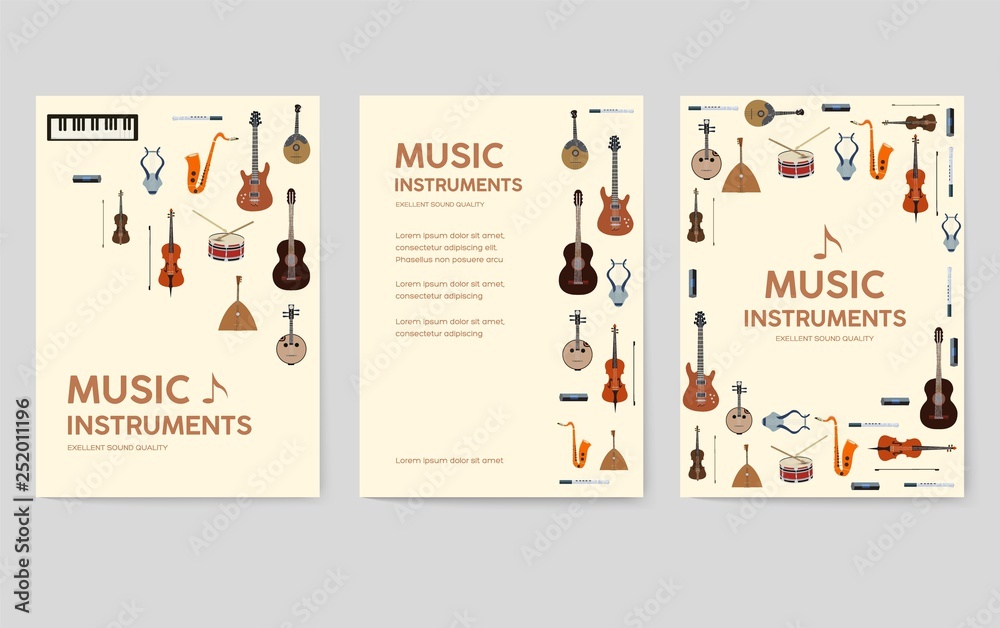 Music instruments vector brochure cards set. Audio tools template of ...