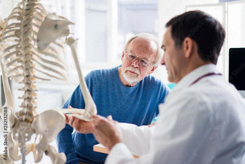 Doctor explaining bones at anatomical model to patient in medical ...