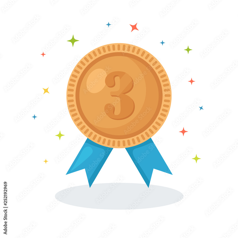 Bronze medal with blue ribbon for third place. Trophy, winner award ...