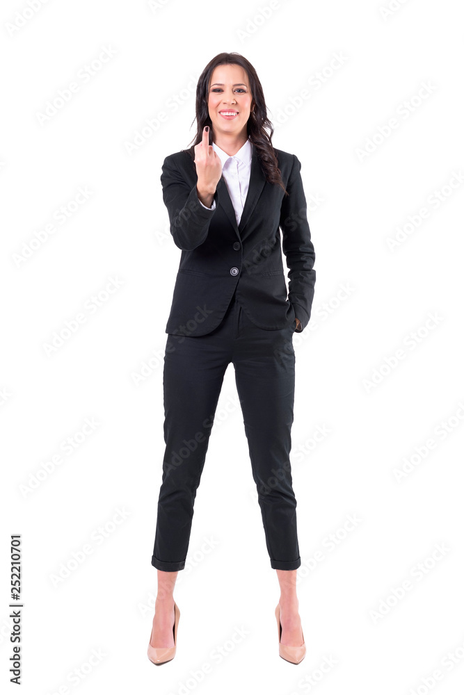 Laughing playful business woman in formal suit showing obscene gesture ...