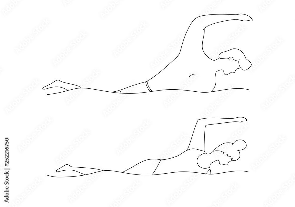 Outline swimming people vector illustration. Man and woman swim at the ...