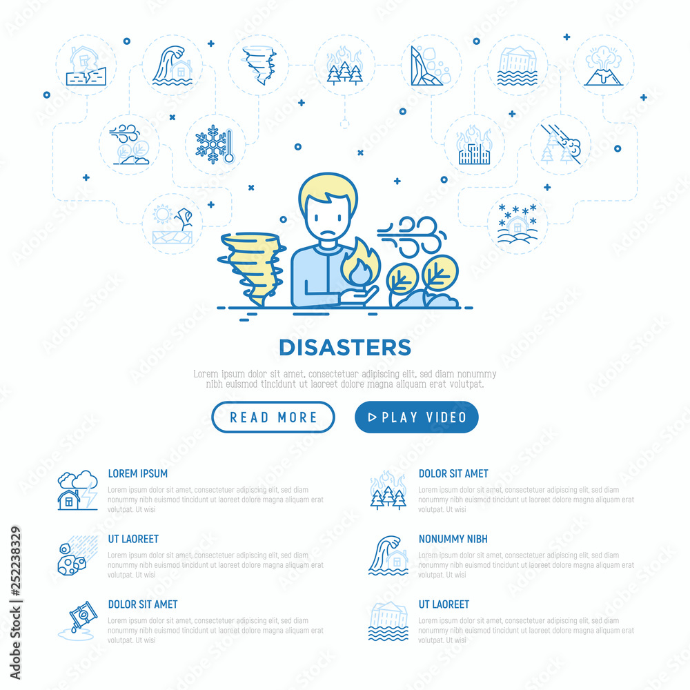 Disasters web page template with thin line icons: earthquake, tsunami ...