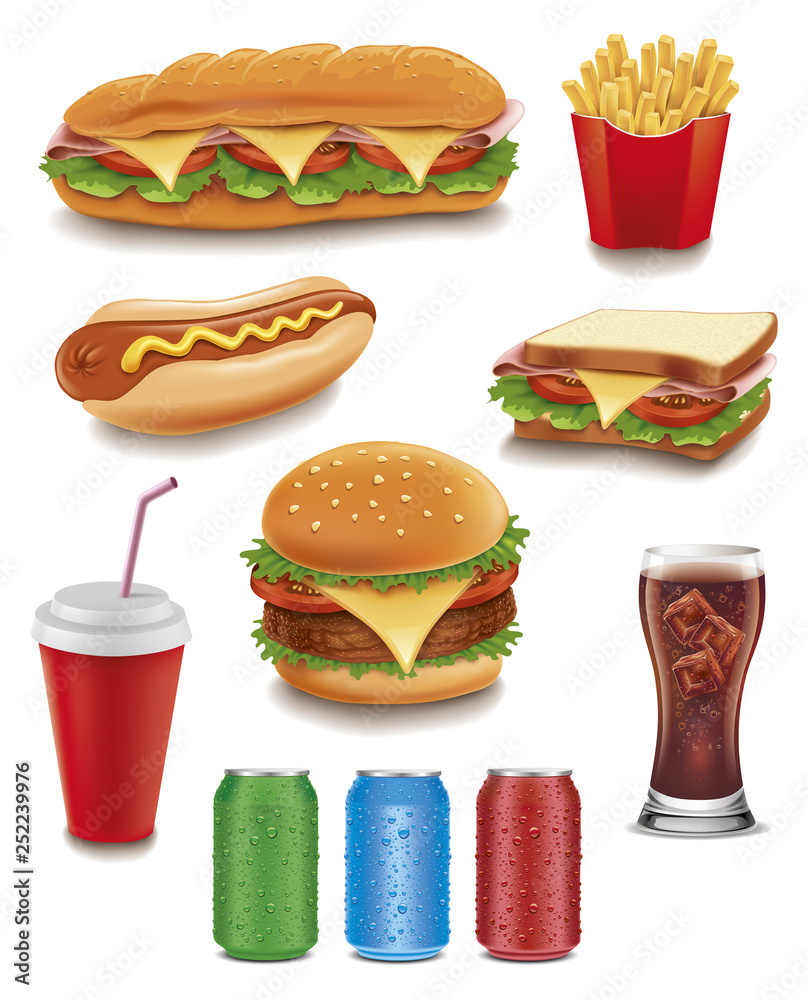 fast food items-hamburger, fries, hotdog, drinks, sandwich, baguette ...