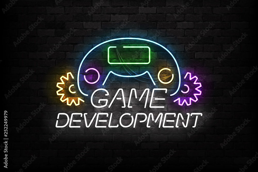 Vector realistic isolated neon sign of Game Development logo for ...