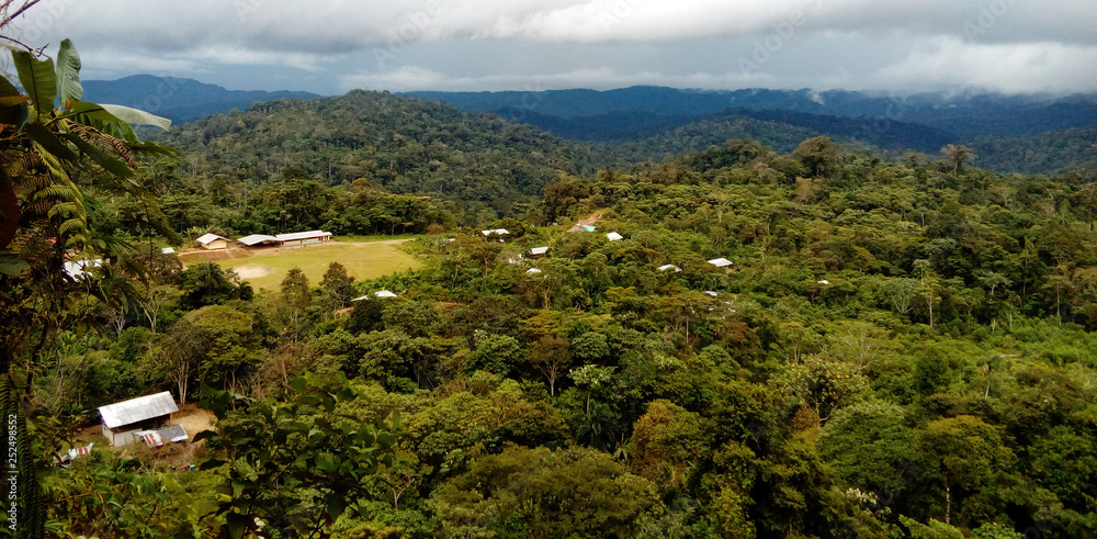Areal view of indigenous huts in a community deep in the amazone ...