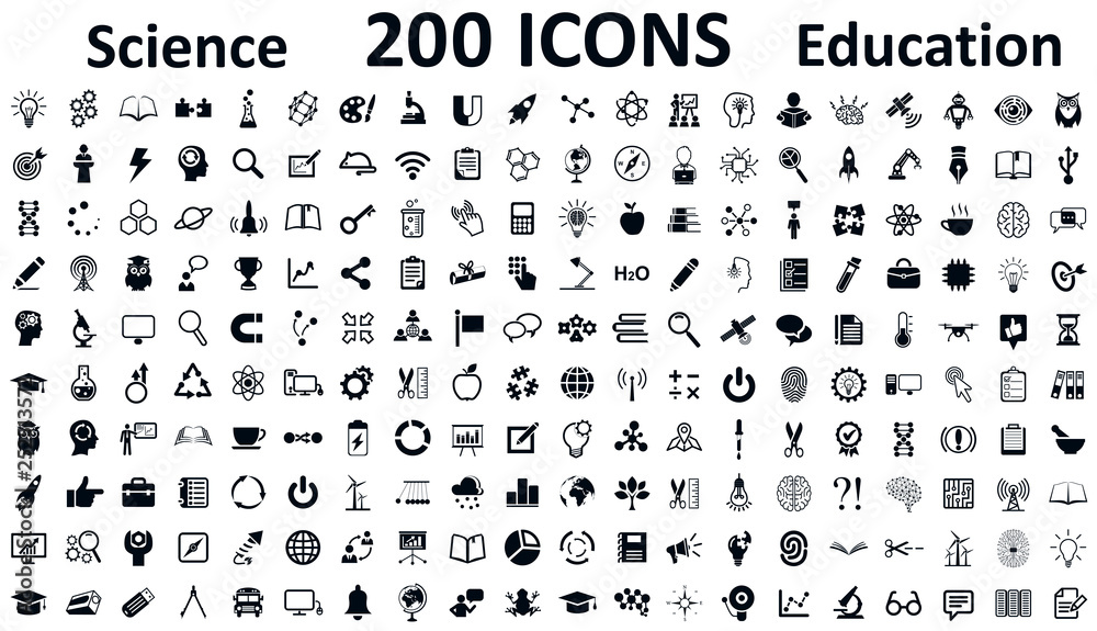 Education, school, science and knowledge icons set, 200 illustration in ...