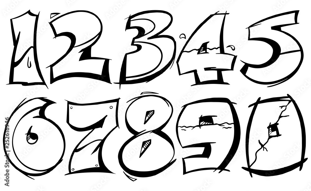 Numeric from 0-9 in graffiti bold stroke vector outline in black and ...