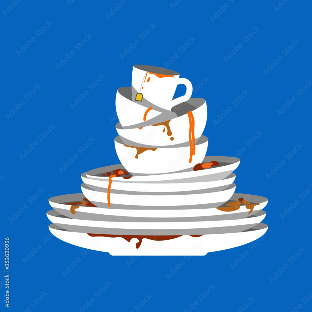 Stack of dirty dishes on blue background. White kitchen household ...