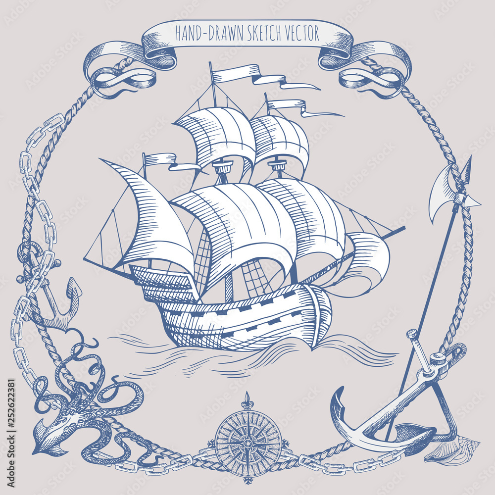 Adventure stories. Pirate background. Vintage border frame. Old caravel ...